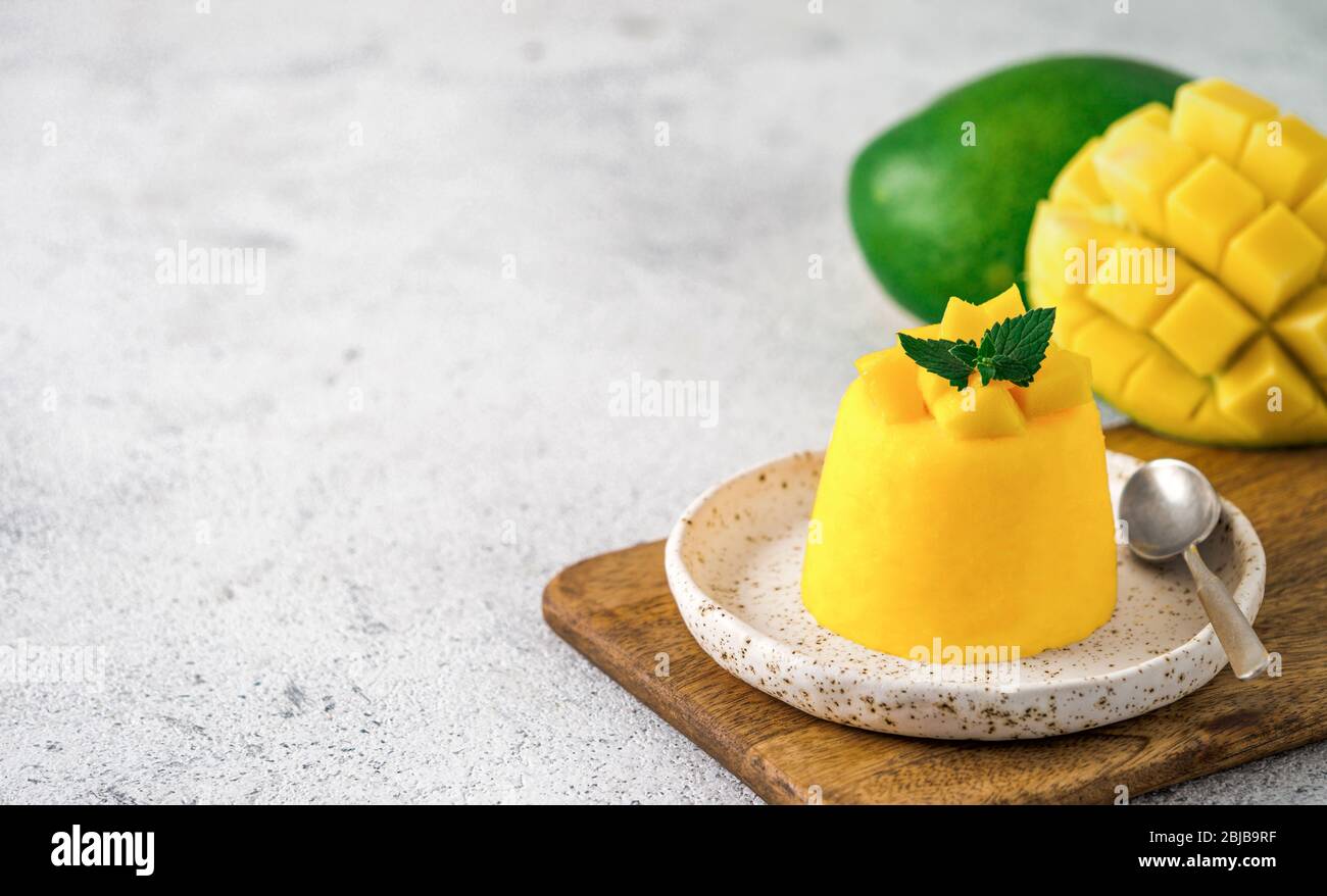 Mango Mousse on gray cement background with copy space left. Yellow ...