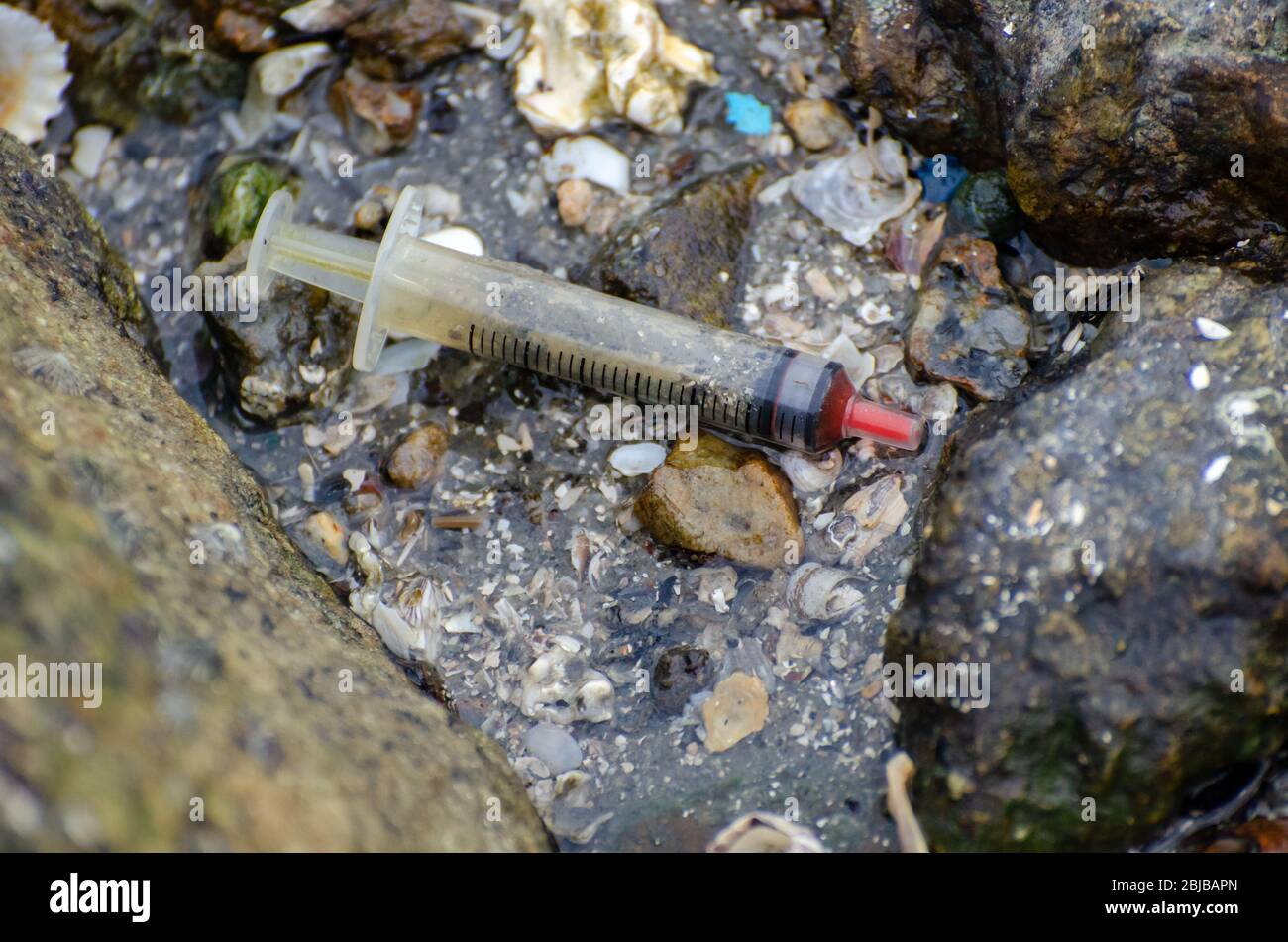 Needle syringe as rubbish at coastal Stock Photo - Alamy