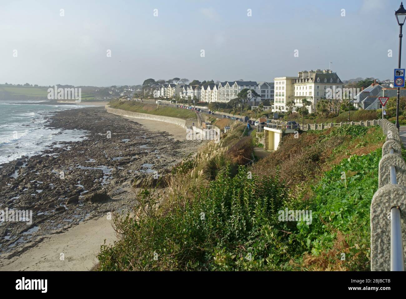 Hotels on seafront promenade, Gyllyngvase Beach, Falmouth, Cornwall, UK ...