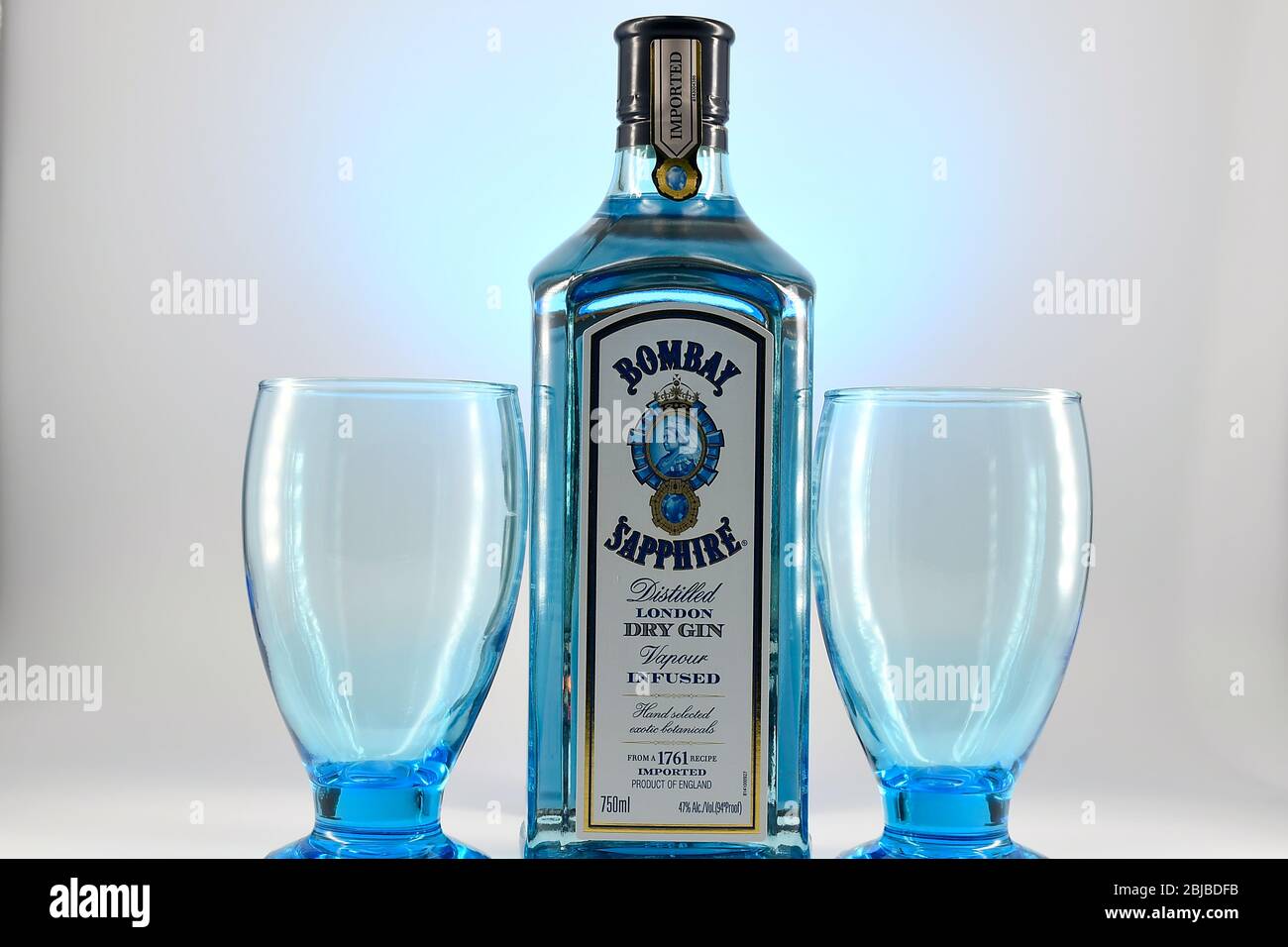 Bottle of Bombay Sapphire gin with two goblets white background Stock ...