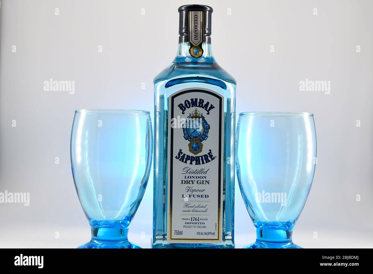 Bottle of Bombay Sapphire gin with two goblets white background Stock ...