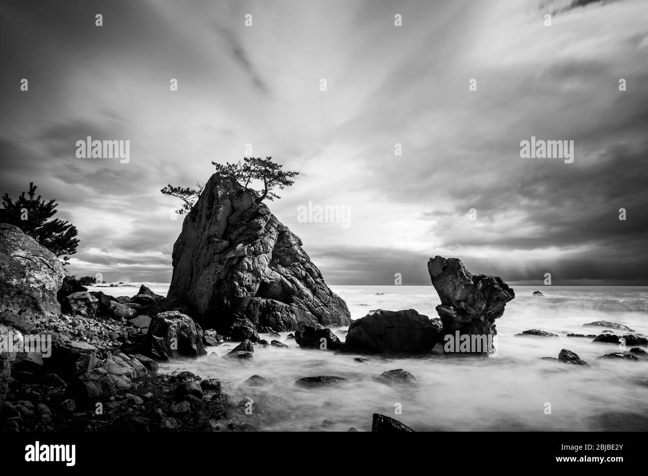 black / white, beautiful scenery of rocks and dramtic sky on the ...