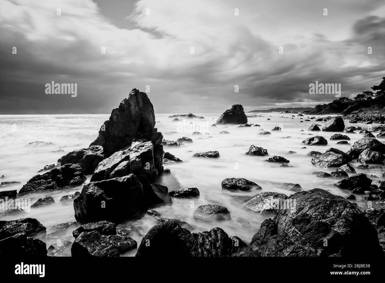 black / white, beautiful scenery of rocks and dramtic sky on the ...