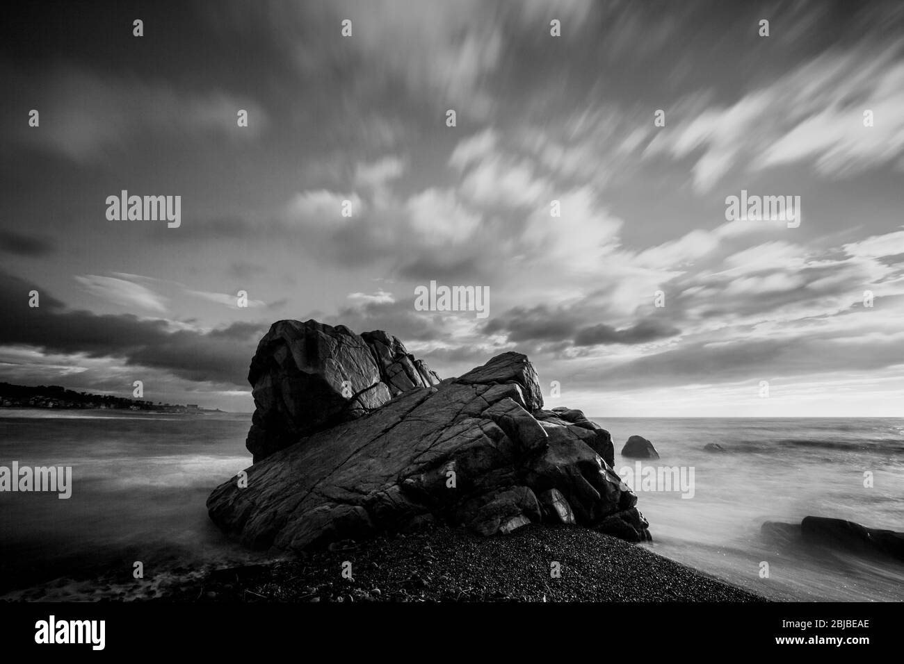 black / white, beautiful scenery of rocks and dramtic sky on the ...
