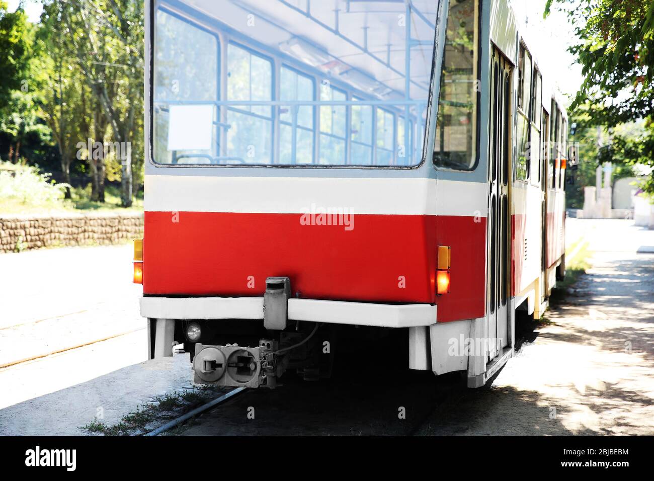 New tram on railway outdoors Stock Photo - Alamy