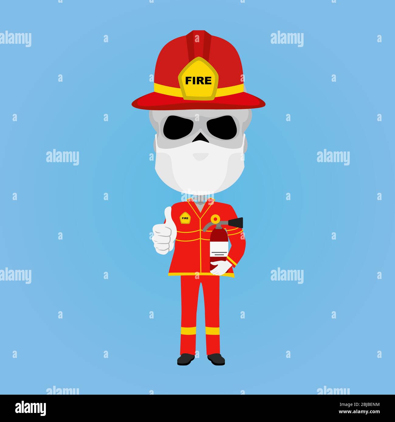 Skeleton Fireman fighter with mask and white gloves red and yellow suit ...