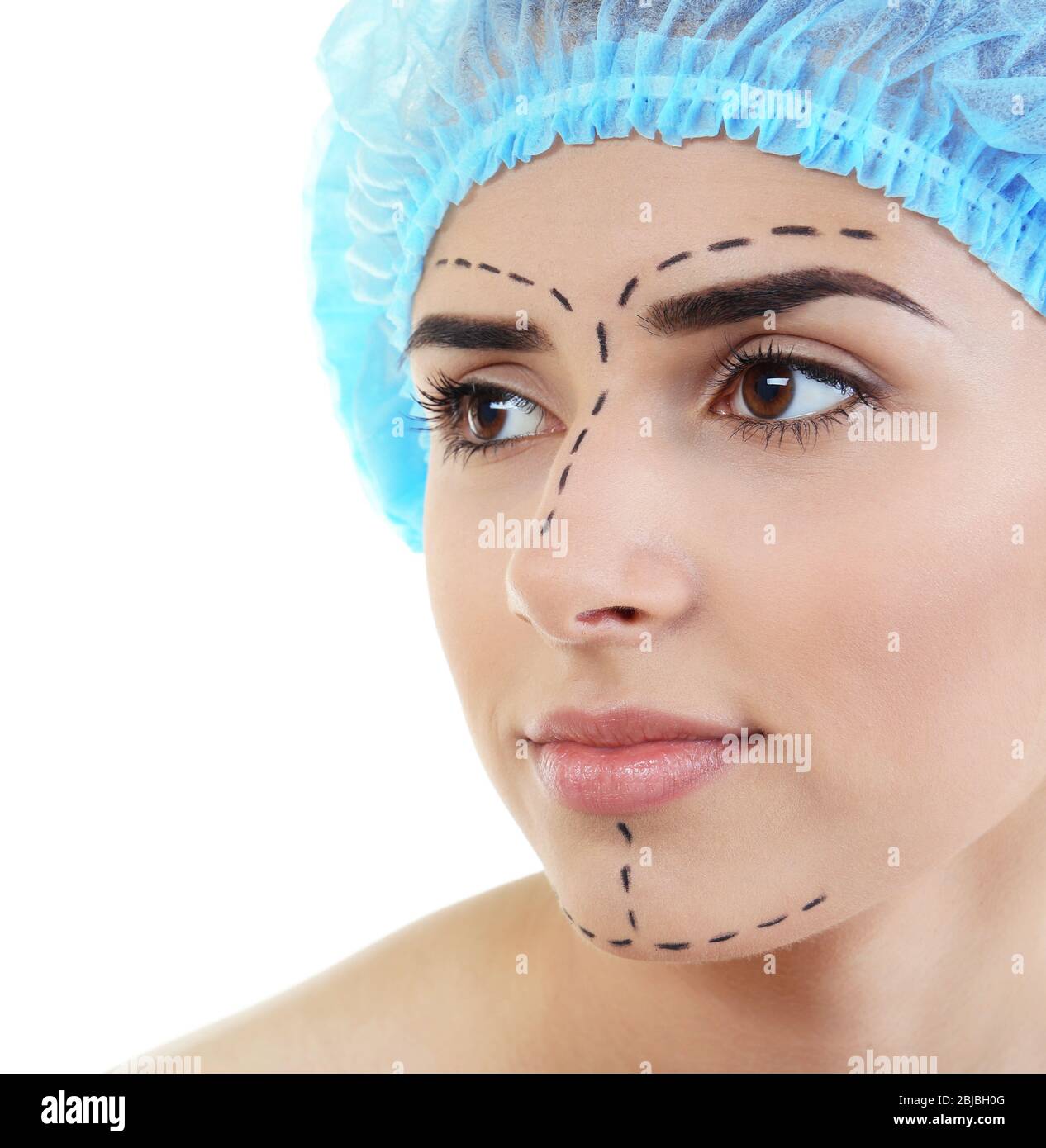 Plastic surgery concept. Portrait of beautiful woman with marking on ...