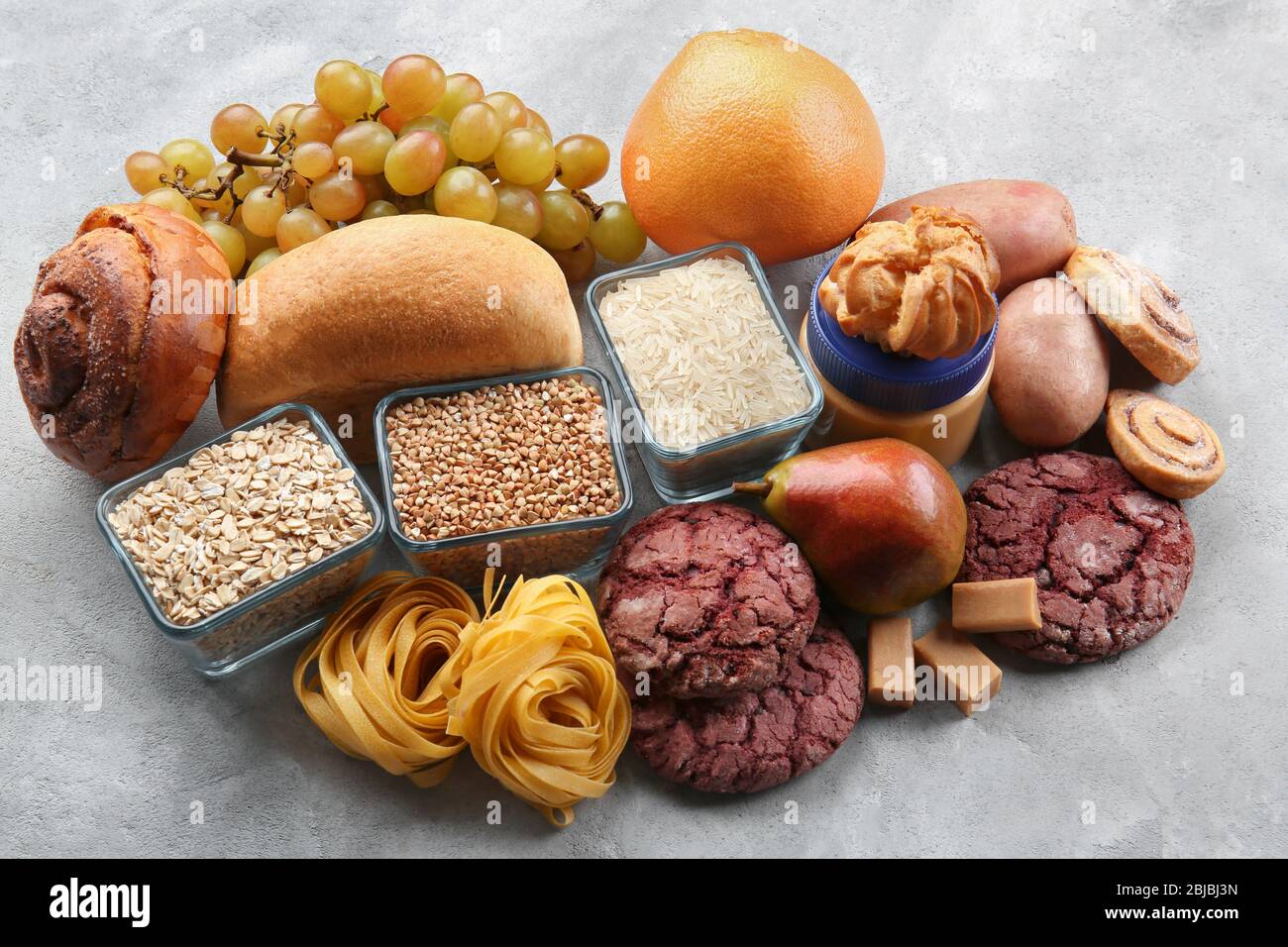 Set of different products on color background Stock Photo - Alamy