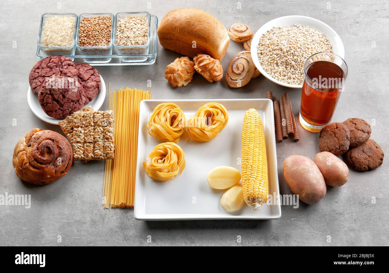Set of different products on color background Stock Photo - Alamy