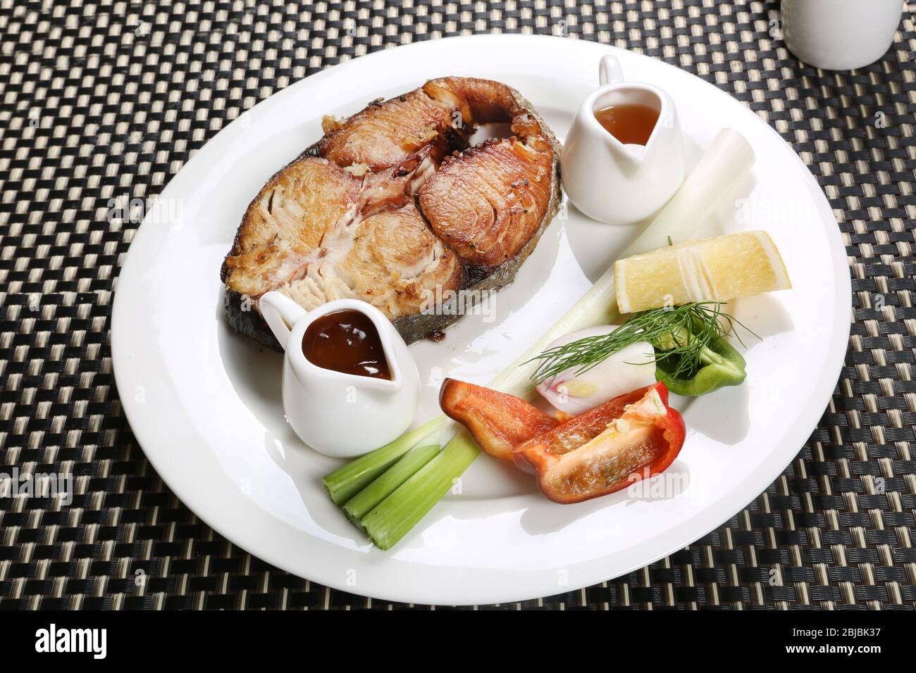 Fried Fish slice with Sauces Stock Photo - Alamy