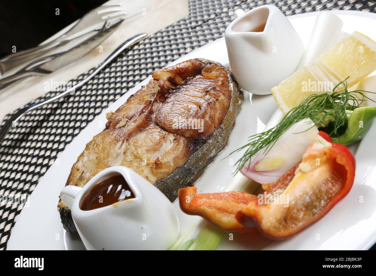 Fried Fish slice with Sauces Stock Photo - Alamy