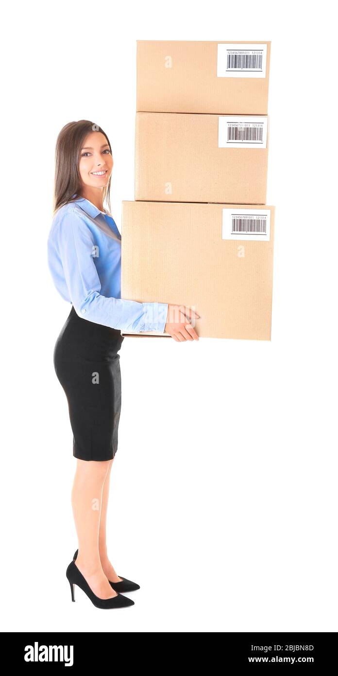 Beautiful businesswoman holding heavy boxes on white background Stock ...