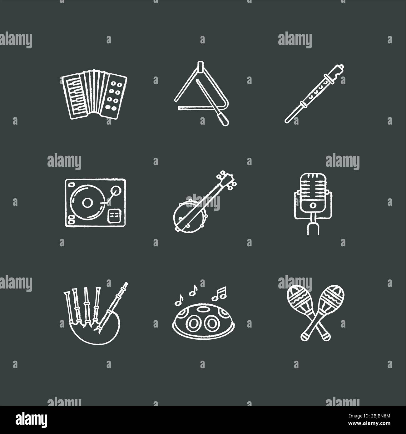 Band musical instruments chalk white icons set on black background ...