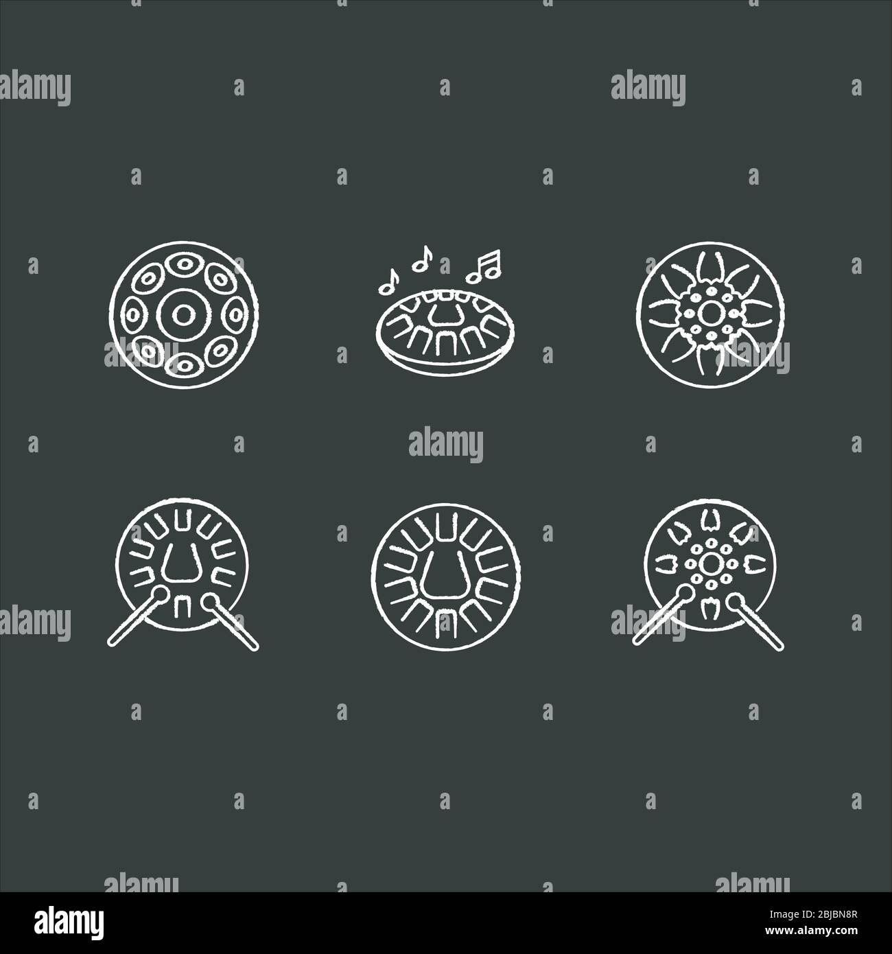 Ornamental handpan chalk white icons set on black background Stock ...