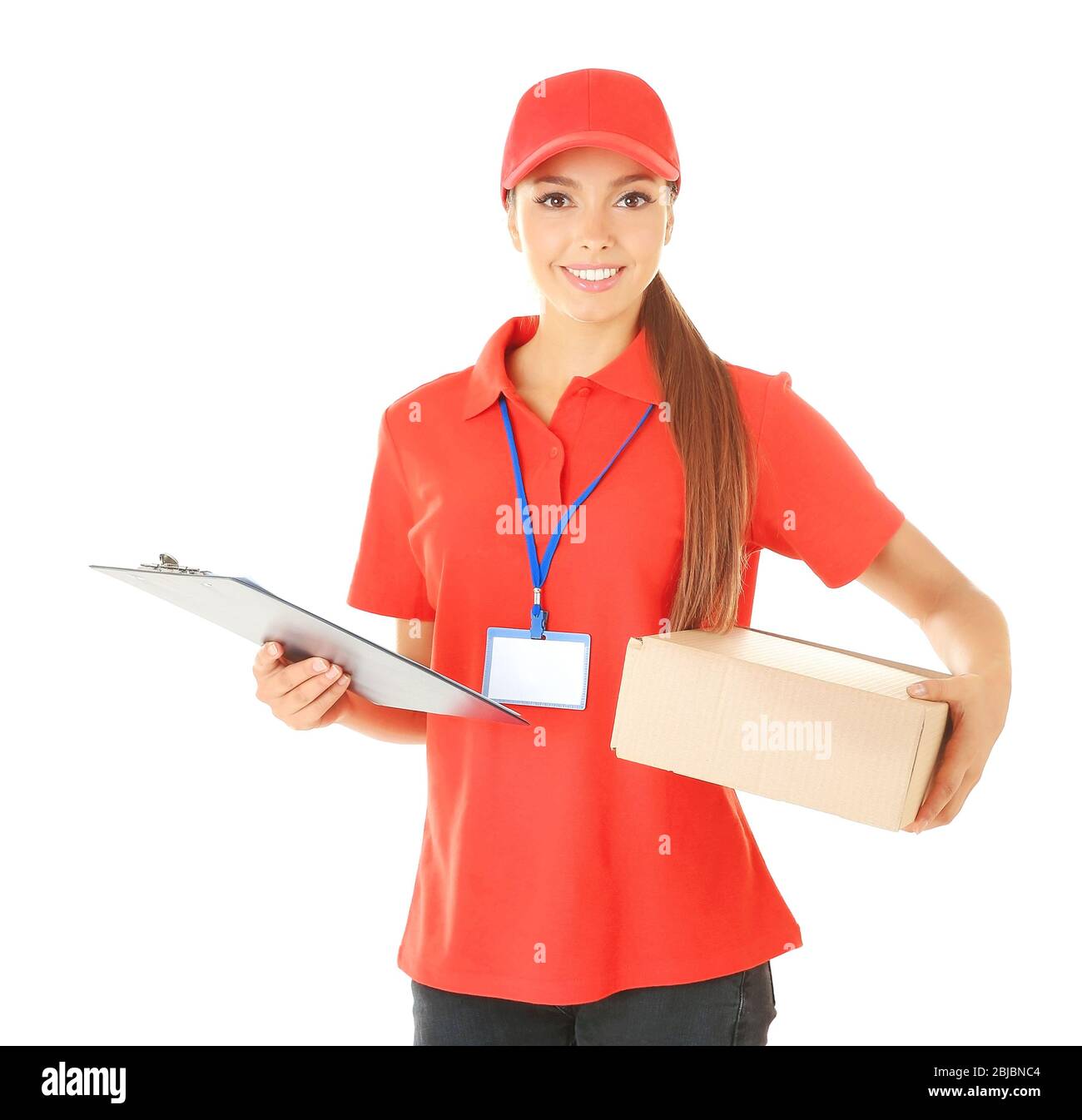 Delivery woman in uniform with clipboard and parcel on white background ...