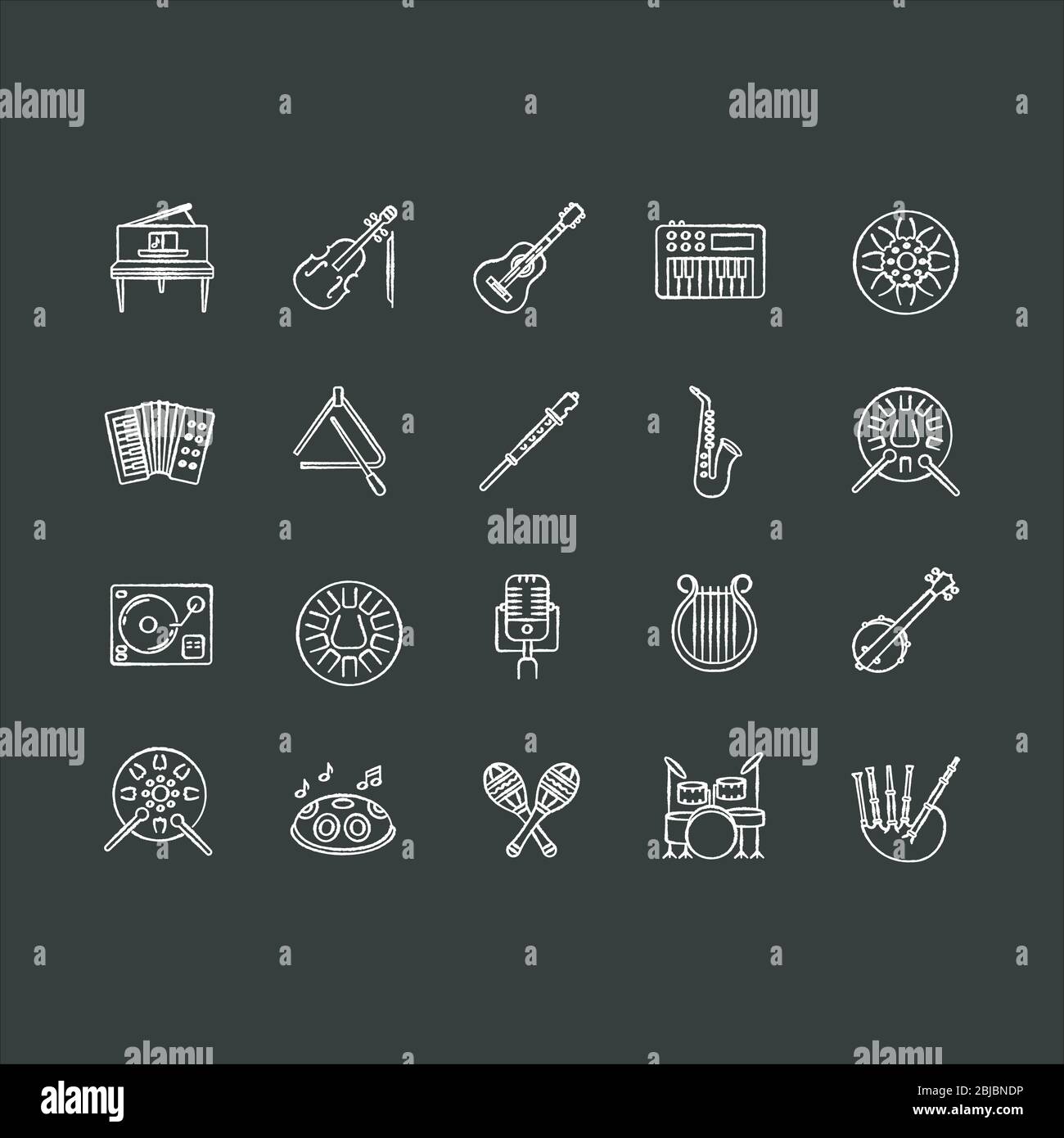 Classical musical instrument chalk white icons set on black background ...