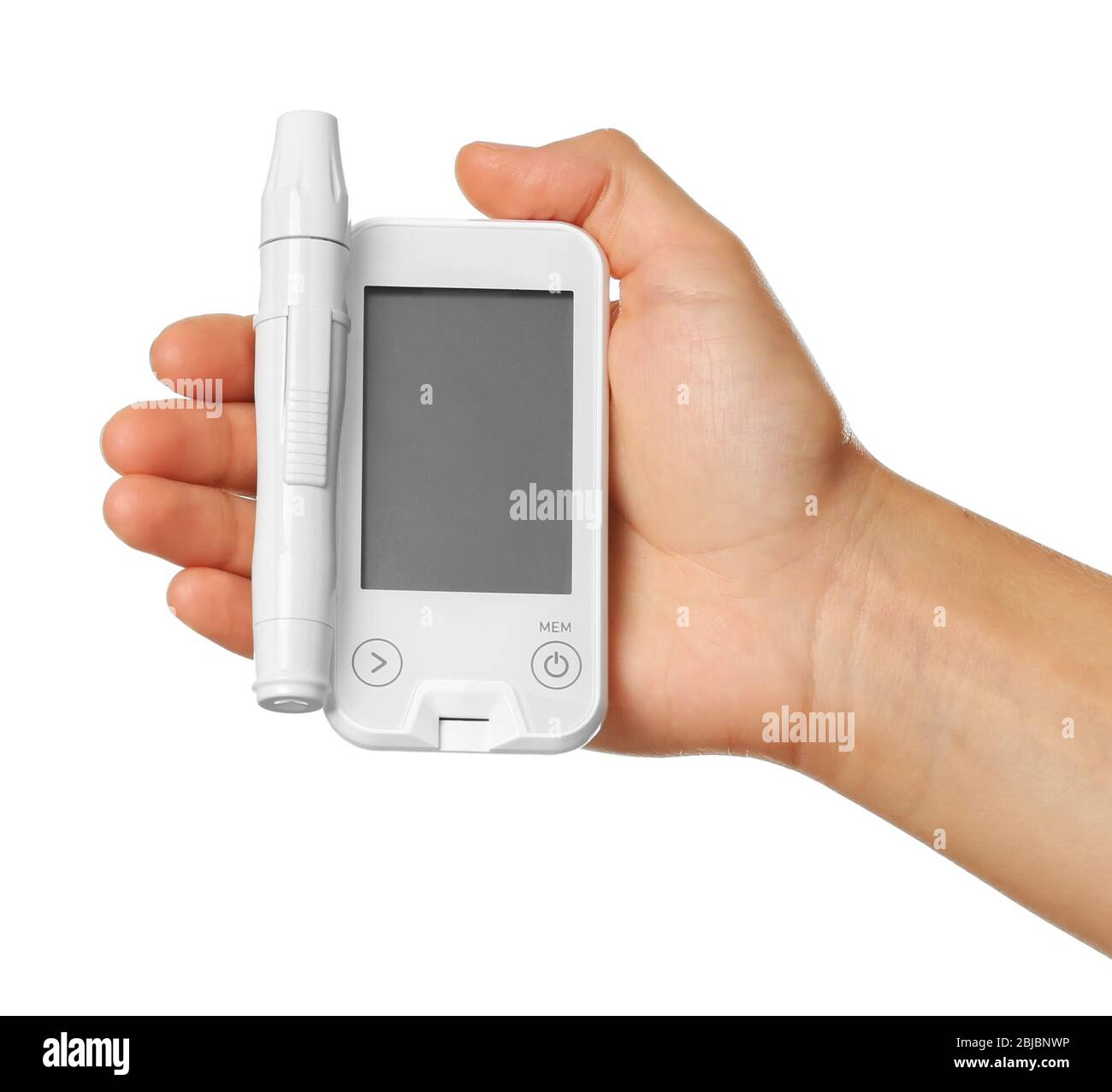 Male hand holding glucometer isolated on white Stock Photo - Alamy