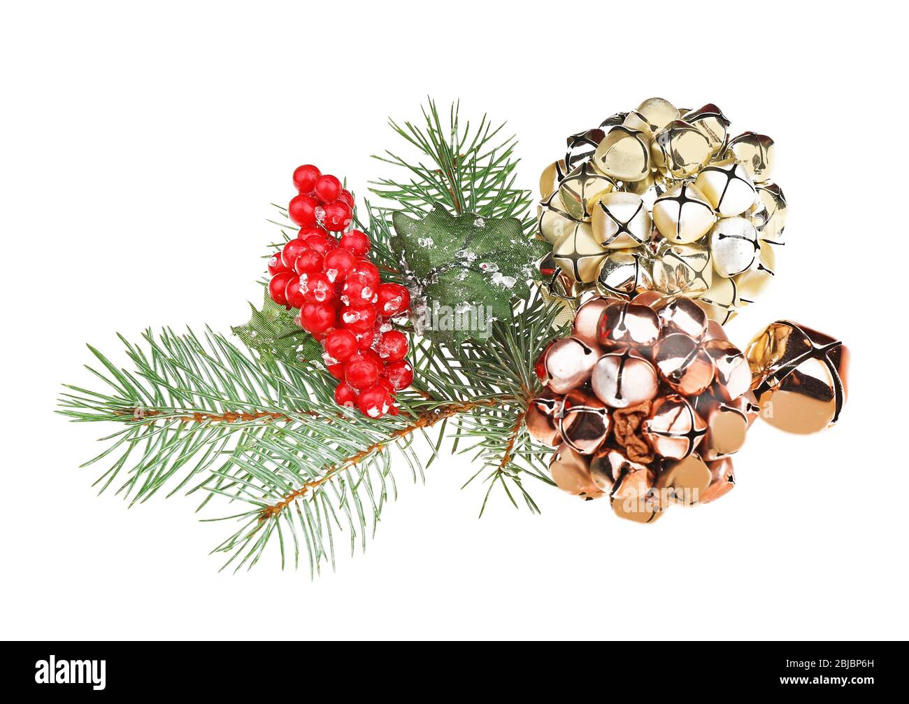 Mistletoe, pine-tree branch and jingle bells isolated on white Stock ...