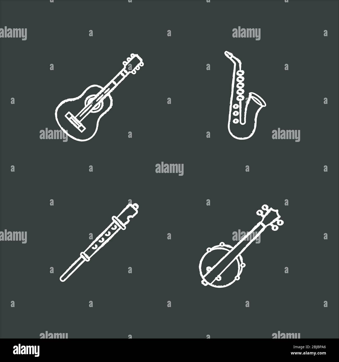 Orchestral musical instruments chalk white icons set on black ...