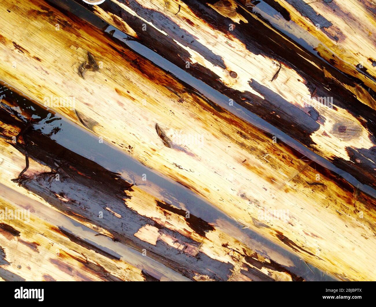 Detail of a wooden raft for tourists on the Isar. The raft is built in ...