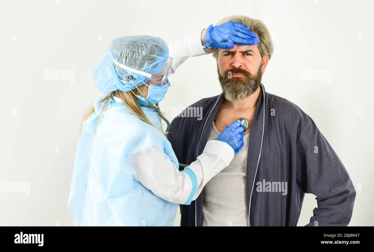 nurse woman examine patient. bio hazard. Having Cold Virus Caught Flu ...