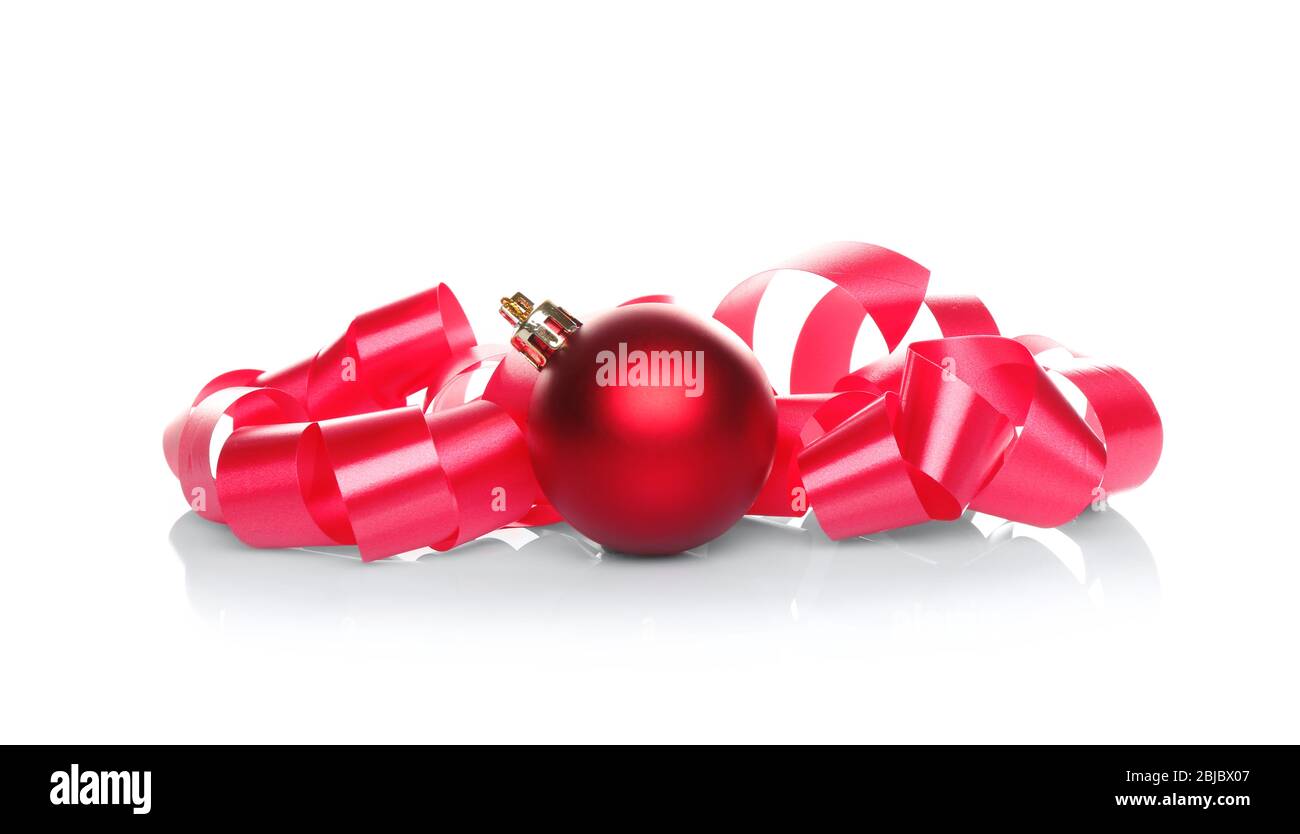 Christmas ball with streamer on white background Stock Photo - Alamy