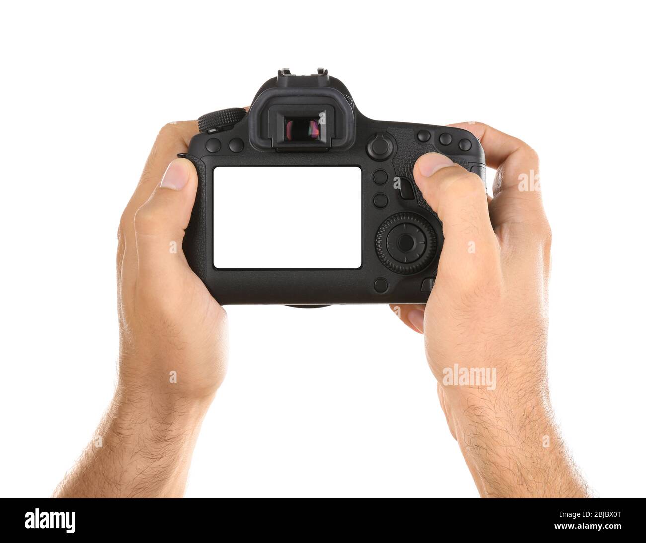 Male hands holding photo camera, isolated on white Stock Photo - Alamy