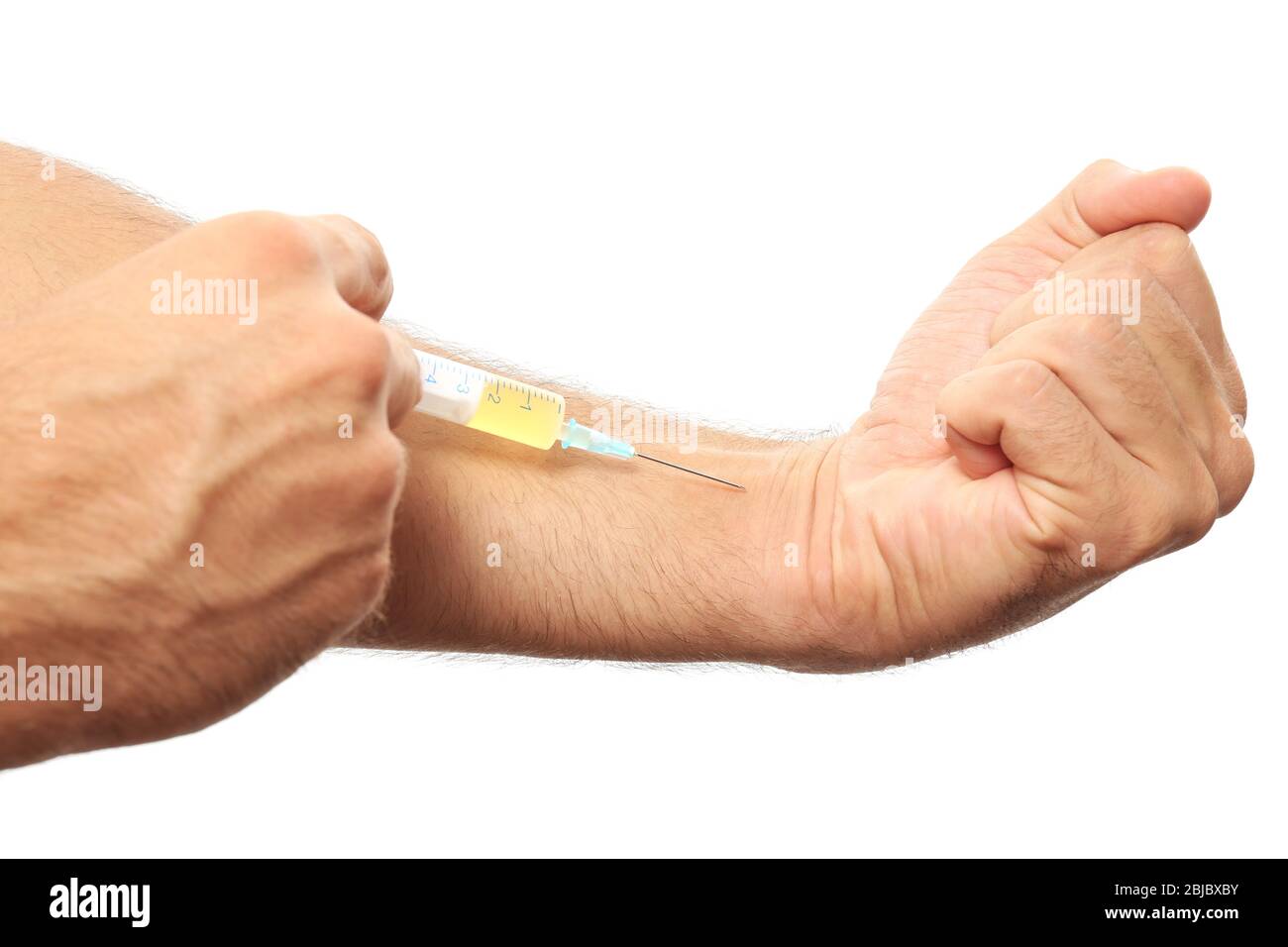 Muscular man injecting steroids on white background Stock Photo - Alamy
