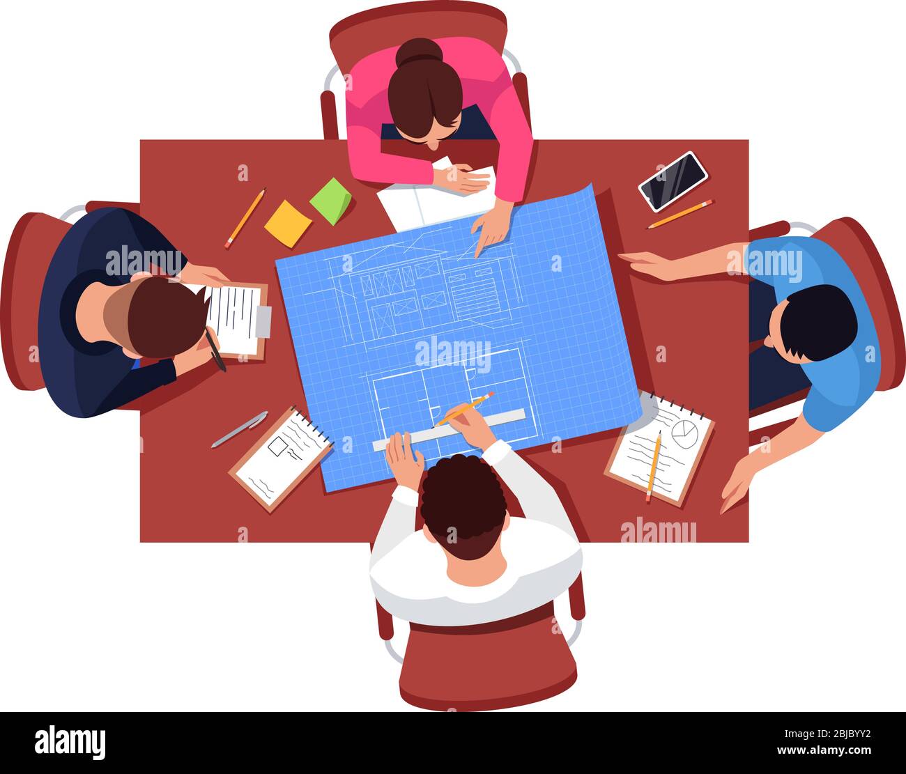 Architect team meeting plan semi flat RGB color vector illustration ...