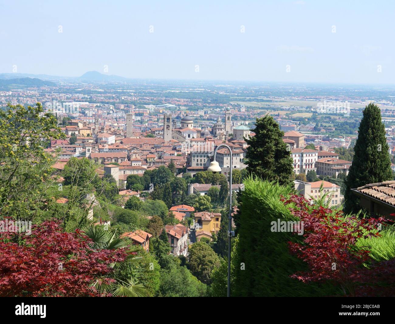 Beautiful aerial view of Bergamo Italy in summer with town trees and ...