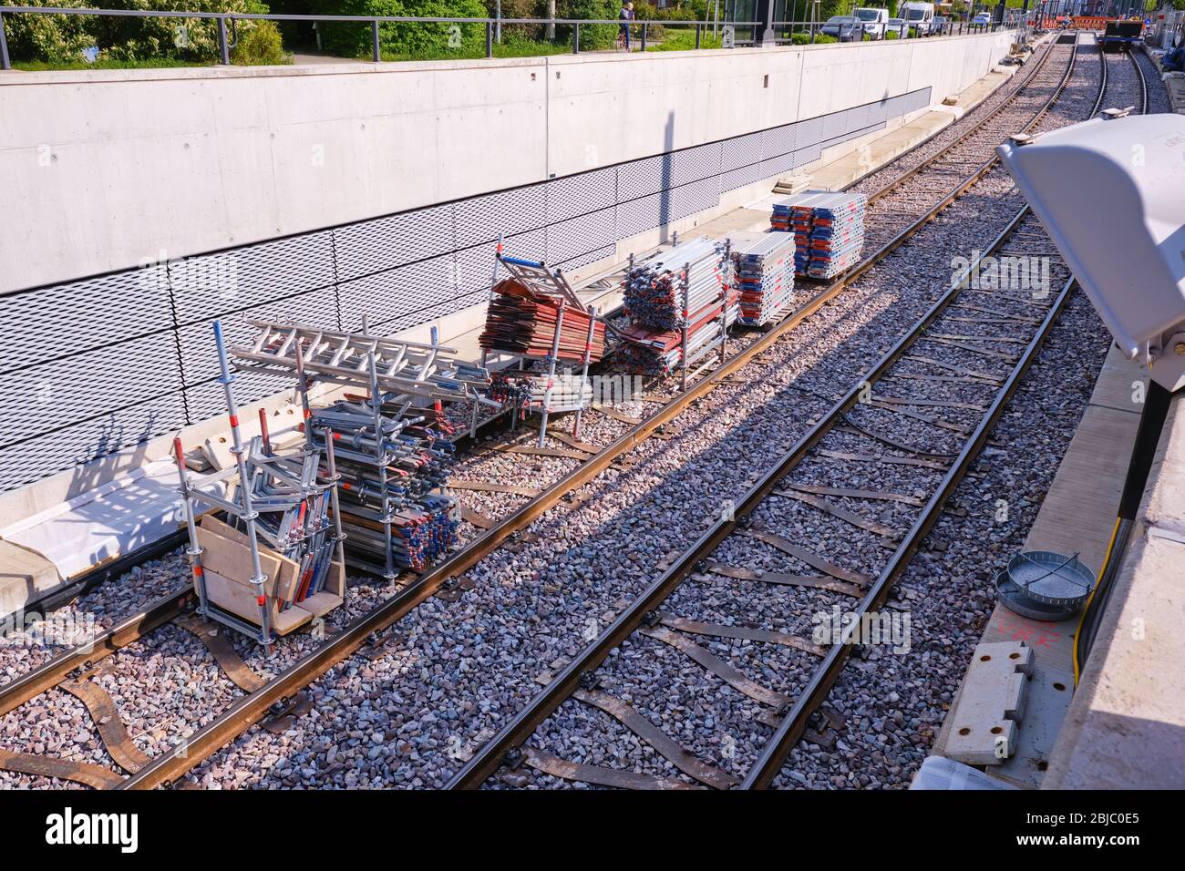 Subway construction site with tools and building materials beside ...