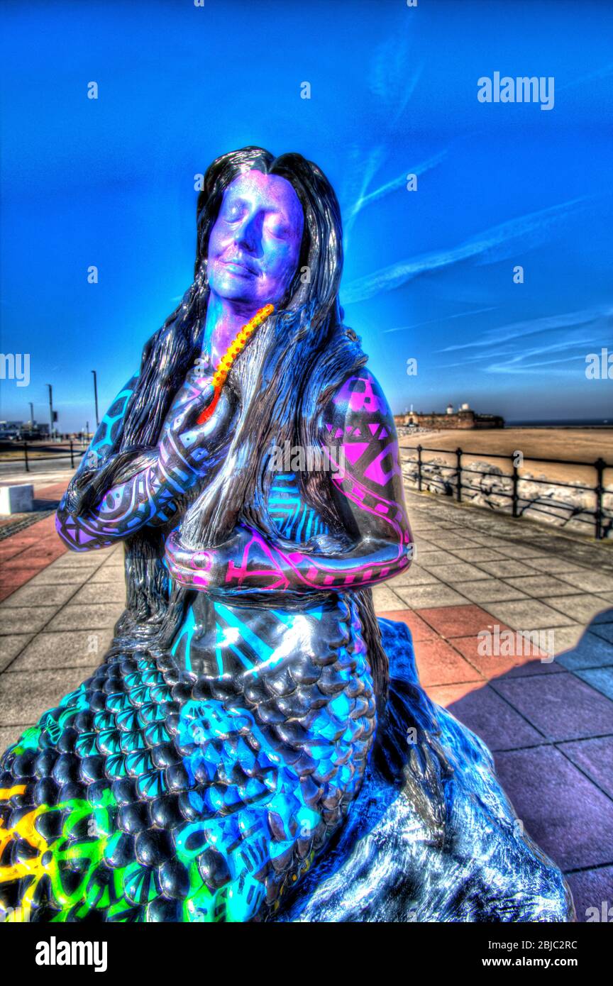 Town of Wallasey, England. Artistic view of a mermaid sculpture, which ...