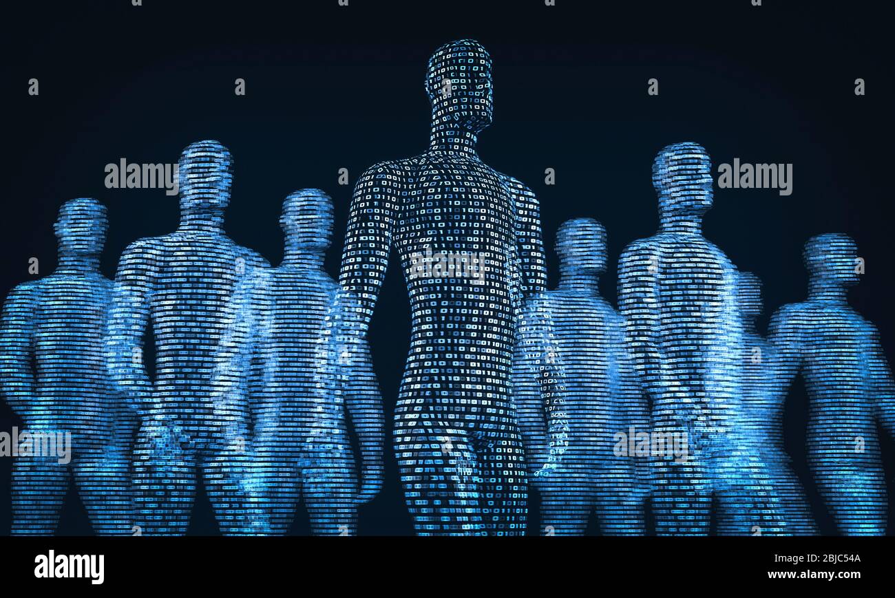 crowd of walking digital people. The concept of the symbiosis of man ...