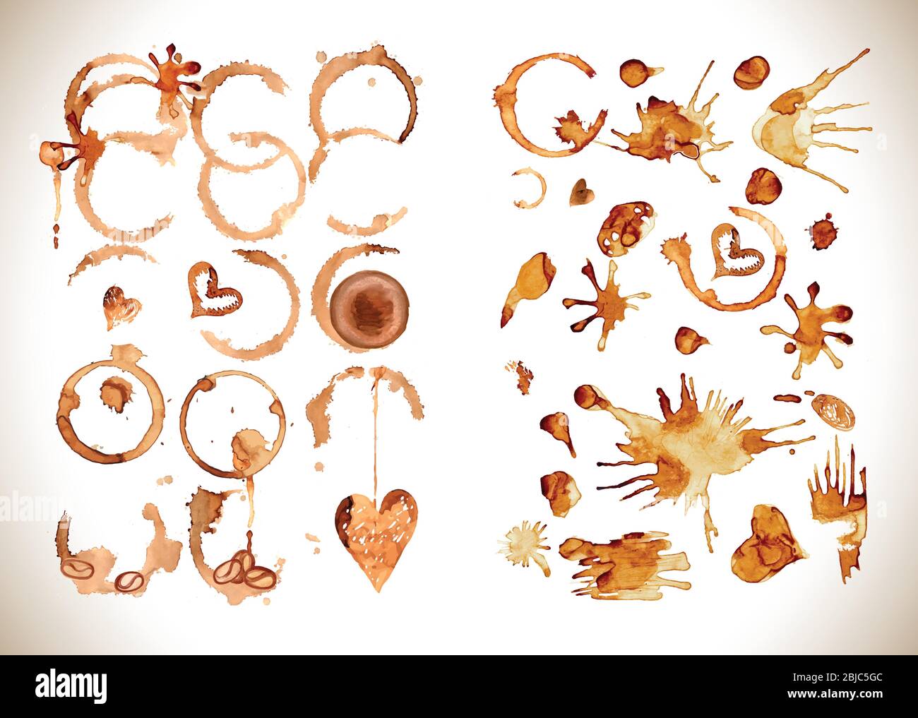 Coffee paint stains, splashes and harts isolated on white background ...