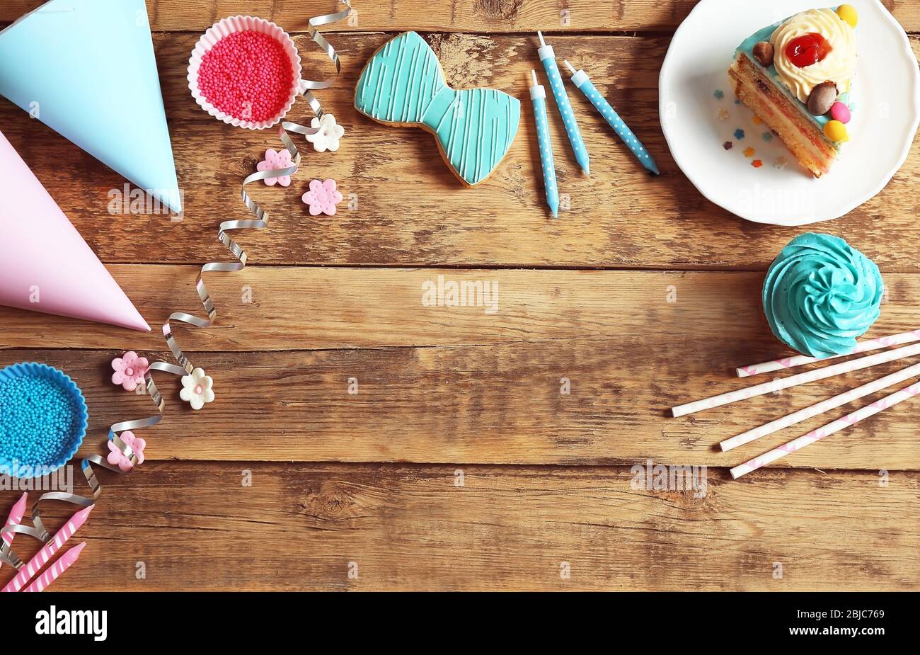 Bright birthday background with sweets and decorations Stock Photo - Alamy