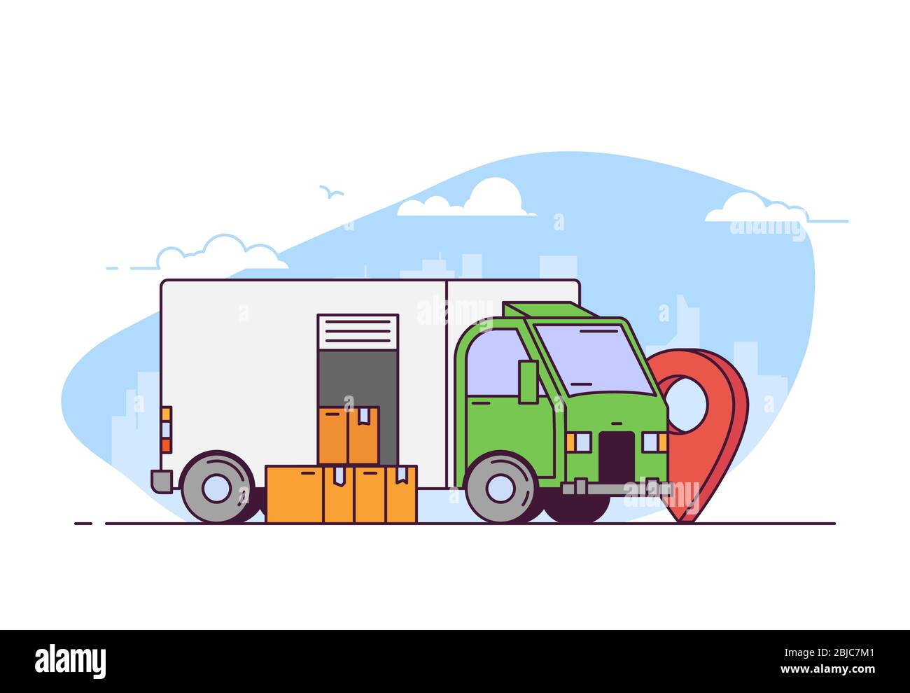 City delivery truck on city road. Urban background, skyscrapers and ...