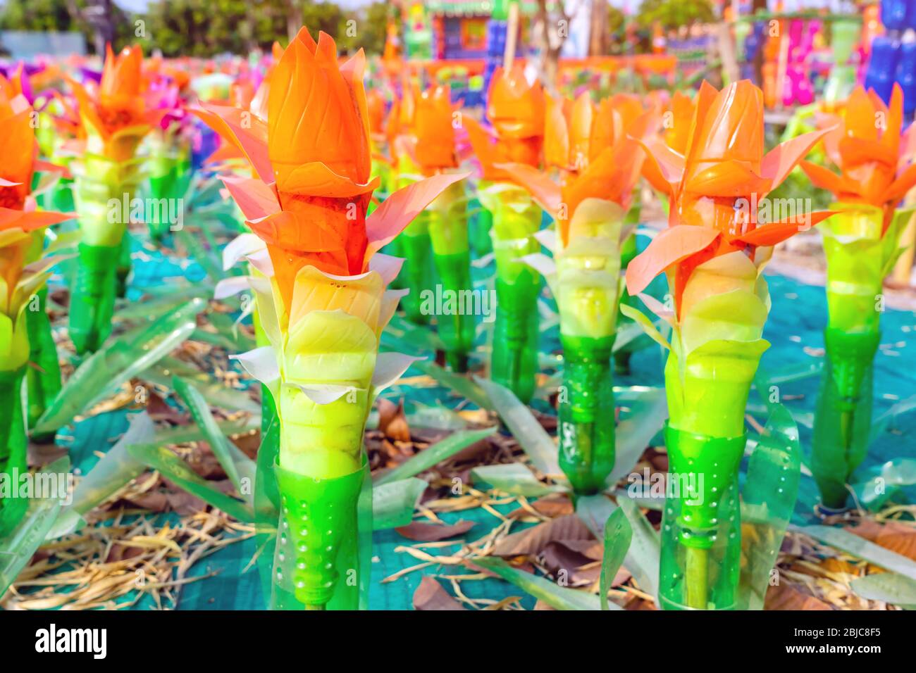 Recycled colorful plastic flowers made from plastic bottles to decorate ...