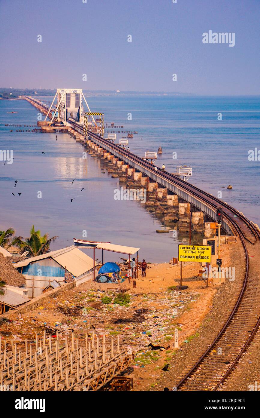 Pamban bridge is a railway bridge which connects the town hi-res stock ...