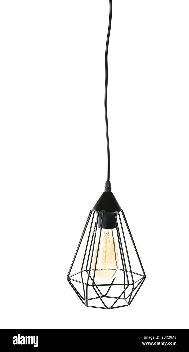 Decorative light bulb hanging on cable, isolated on white Stock Photo ...