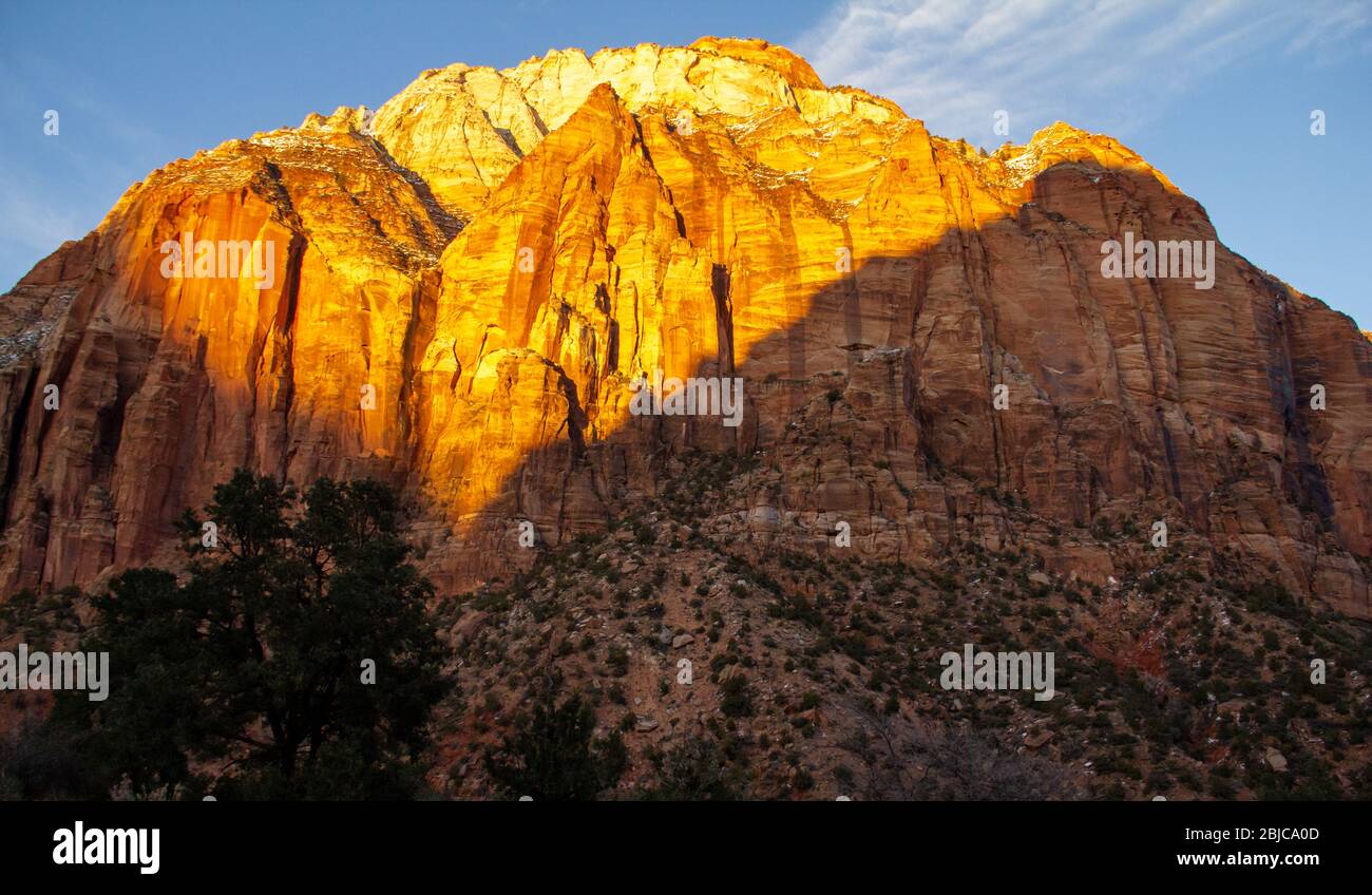 Looking up at The East Temple from Zion-Mount Carmel Highway Stock ...
