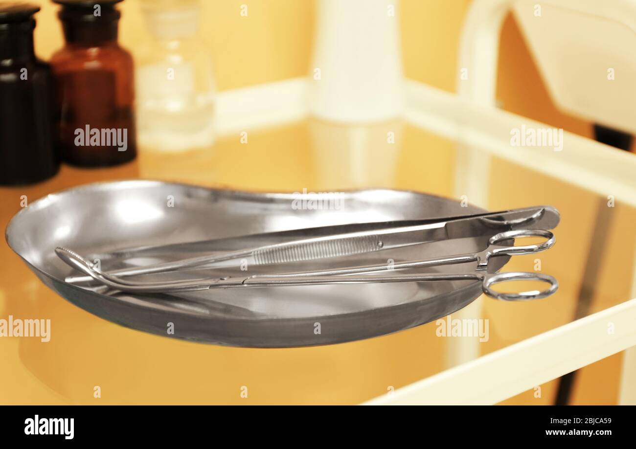 Gynecological tools in steel basin, close up Stock Photo - Alamy