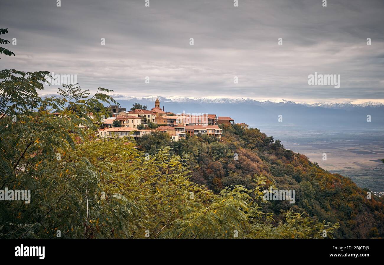 View of Signagi town and Alazani valley with mountains in Georgia Stock ...