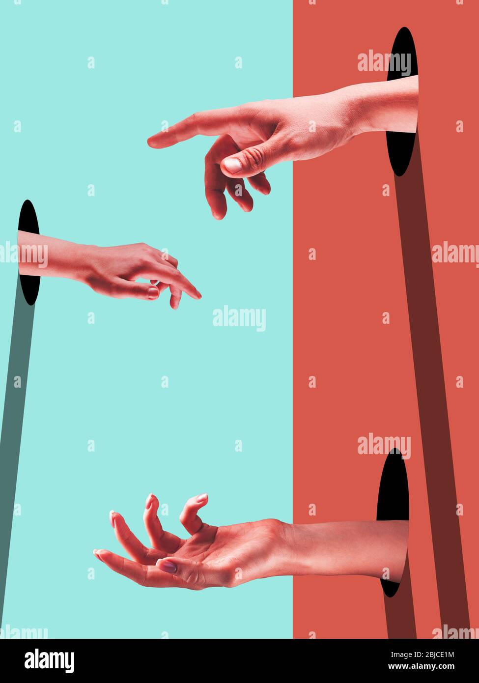 Different. Bright painted human hands touching by fingers. Contemporary ...