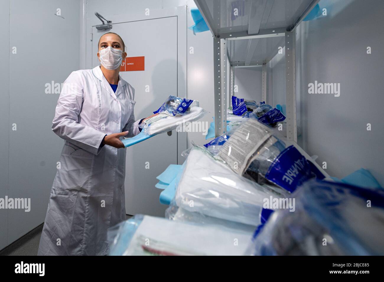 Moscow. Health worker stock of personal protective equipment (PPE) in ...