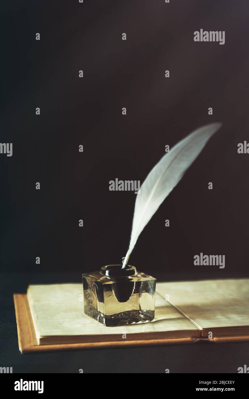Feather pen with inkwell and open notebook on dark background Stock ...