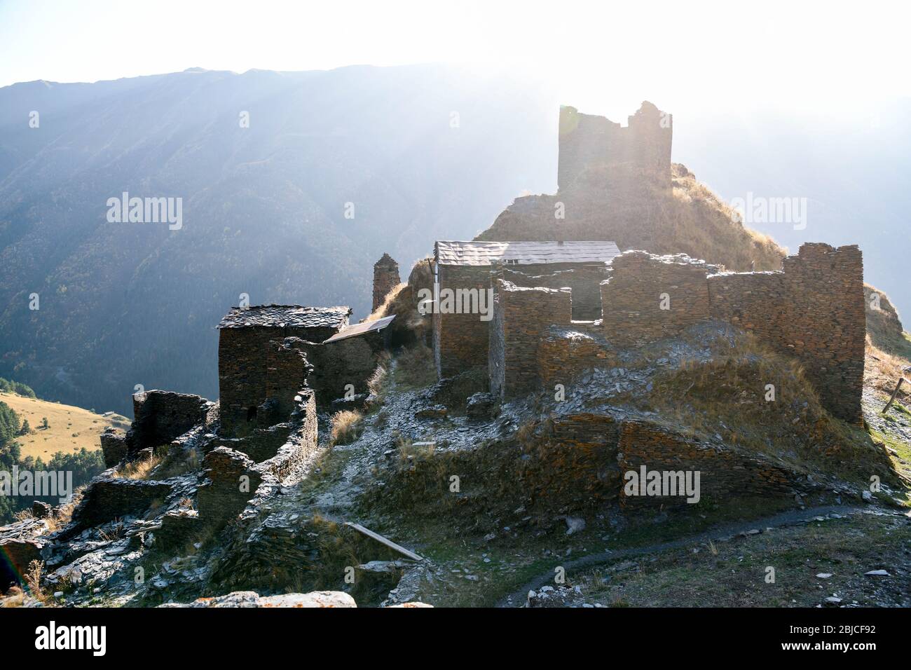 Caucasus, Georgia, Tusheti region, Kvavlo. View of the village of ...