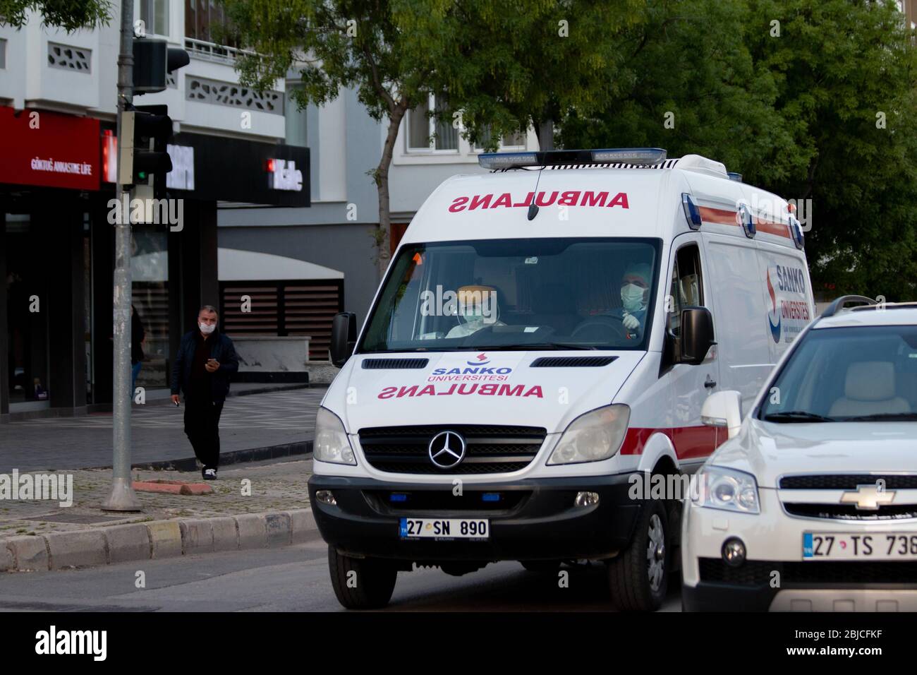 April 17, 2020, TÃ¼Rkiye, Turkey: An ambulance drivers along an almost ...