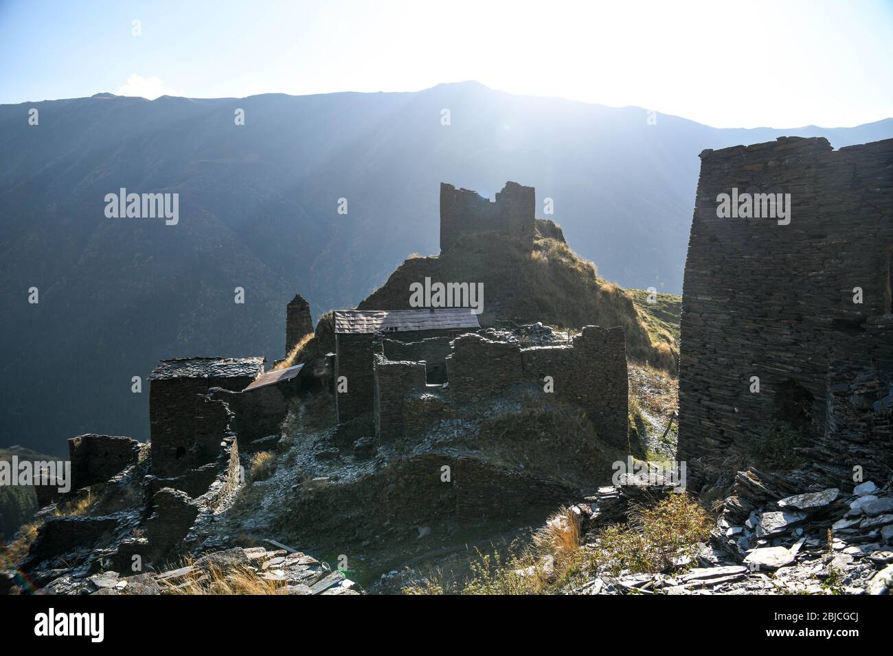 Caucasus, Georgia, Tusheti region, Kvavlo. View of the village of ...