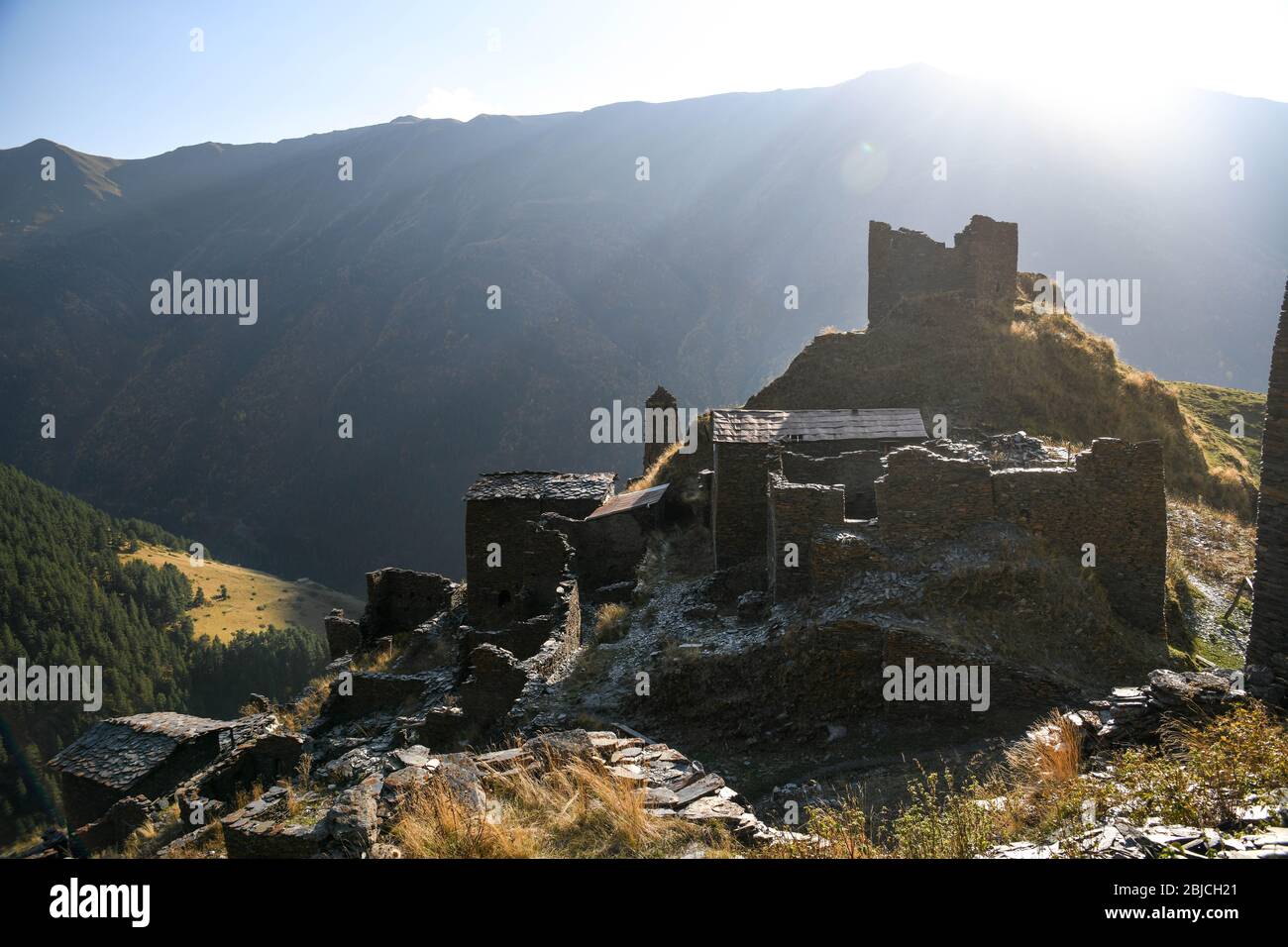 Caucasus, Georgia, Tusheti region, Kvavlo. View of the village of ...
