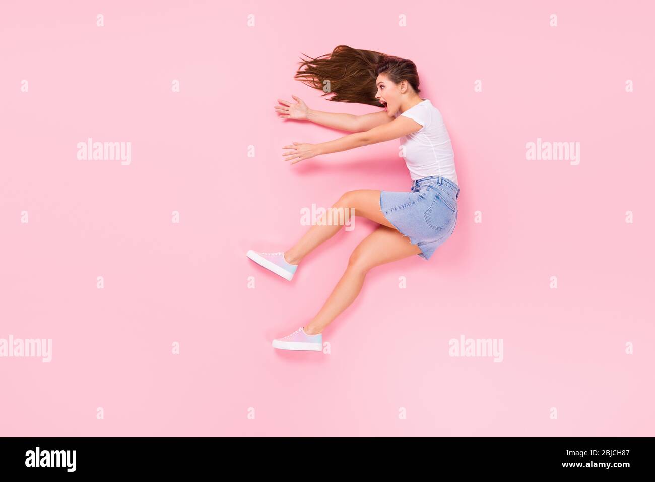 Top above high angle full body profile side photo shocked panicked girl ...